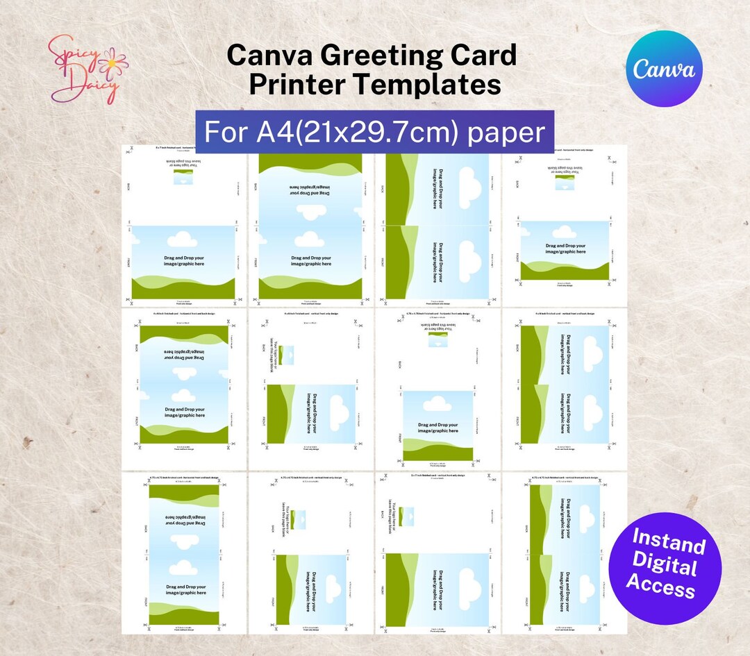 Greeting Card Canva Editable Templates - Print on A4 Paper. Drag & Drop ...