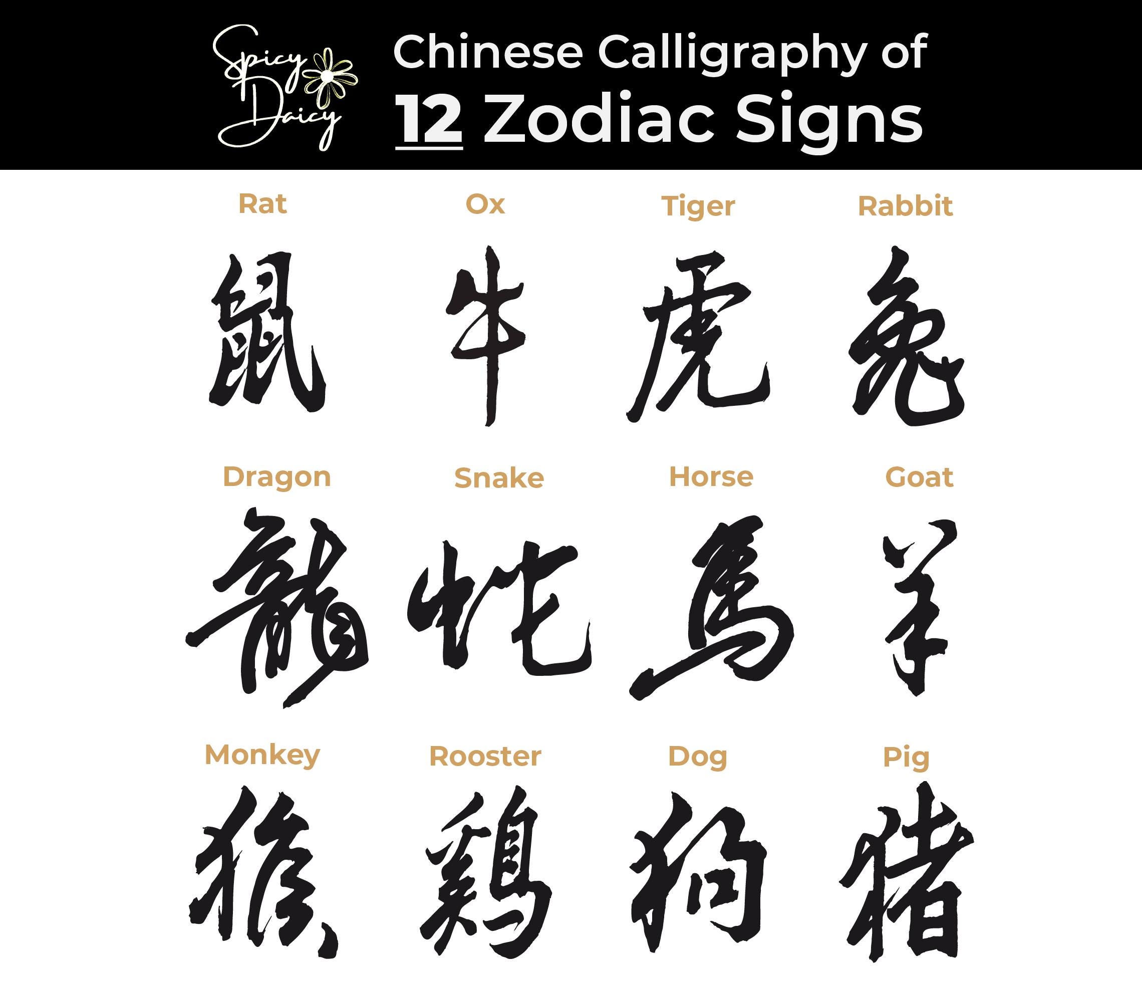 Chinese Zodiac Calligraphy Art Print 12 Chinese Zodiac Signs Feng Shui ...