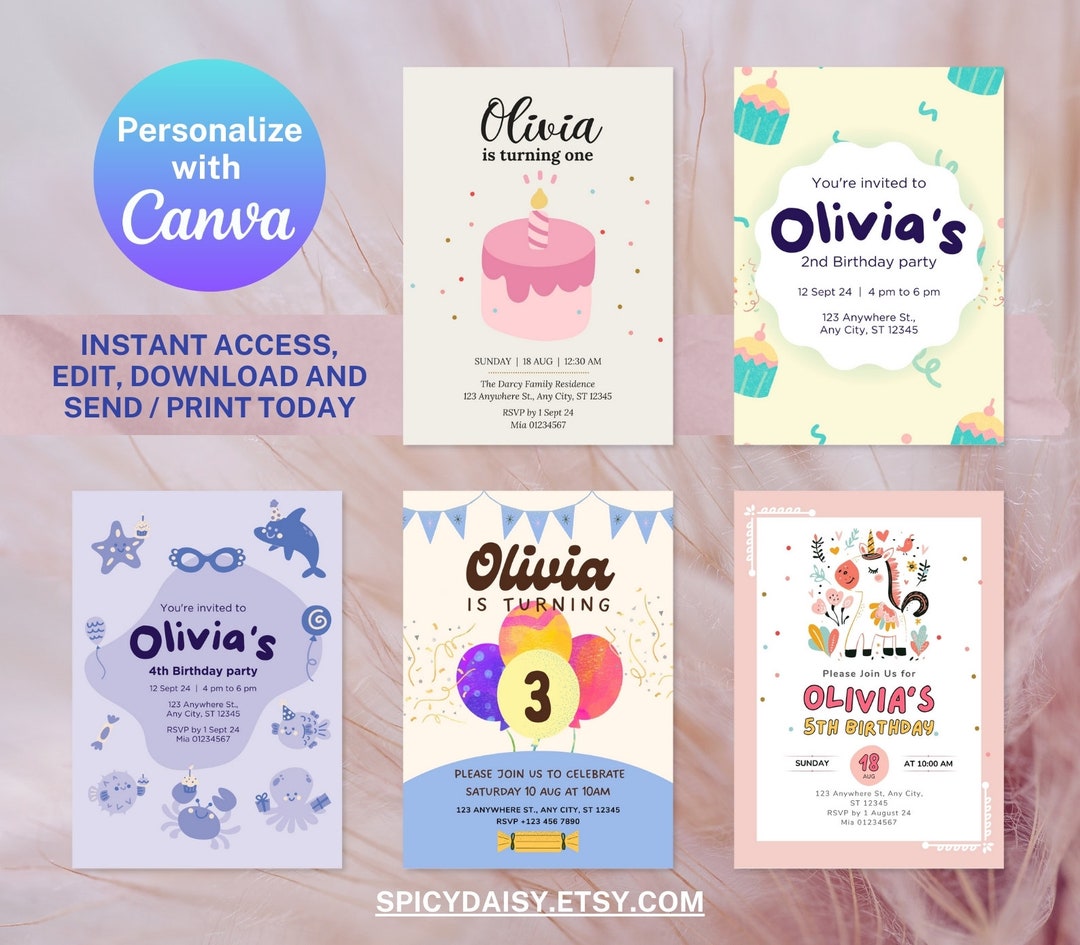 Personalized Birthday Invitation Canva Template Baby Girl Birthday ...