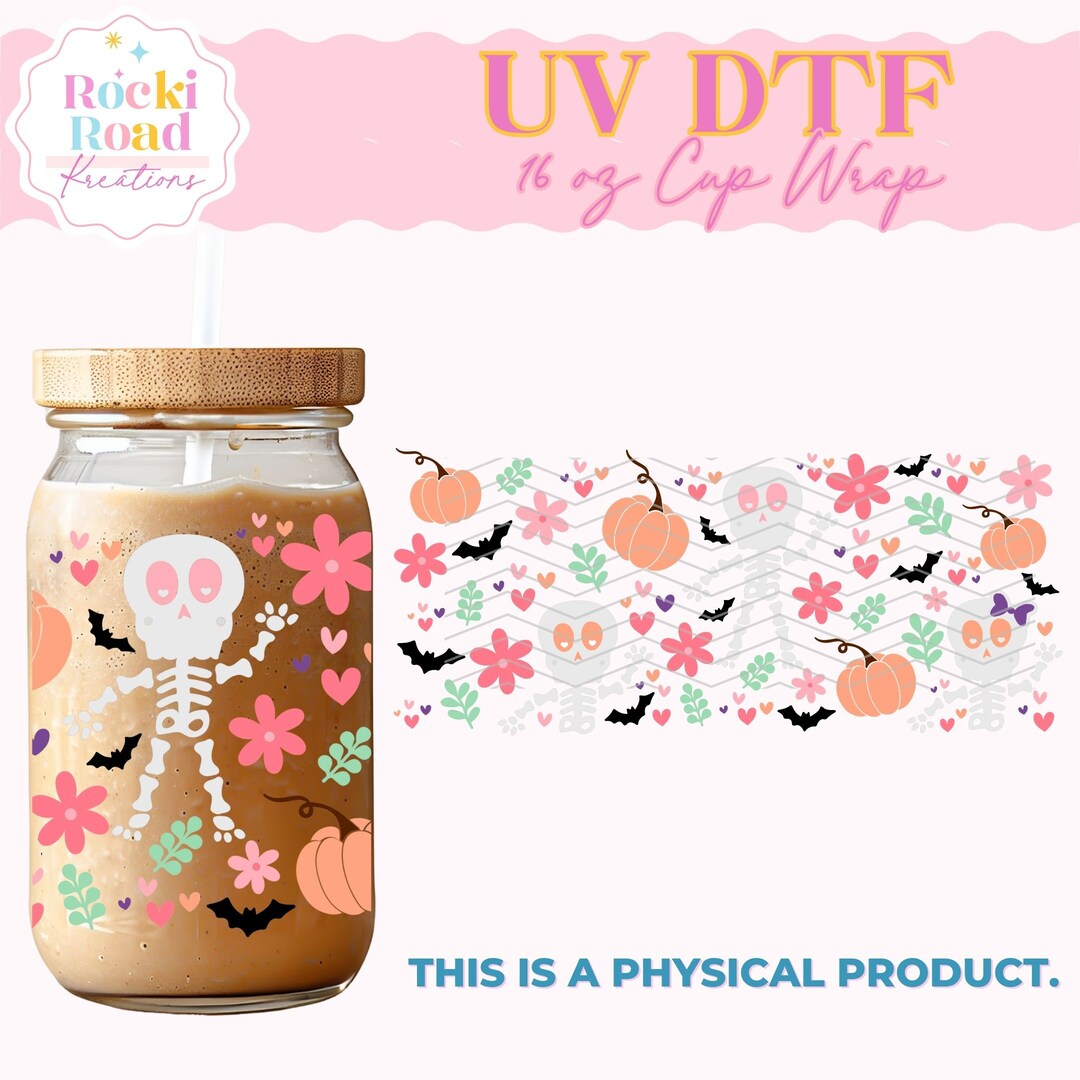 Cute Skeletons UVDTF Cup Wrap 16oz. Glass DIY Crafts Halloween Spooky ...