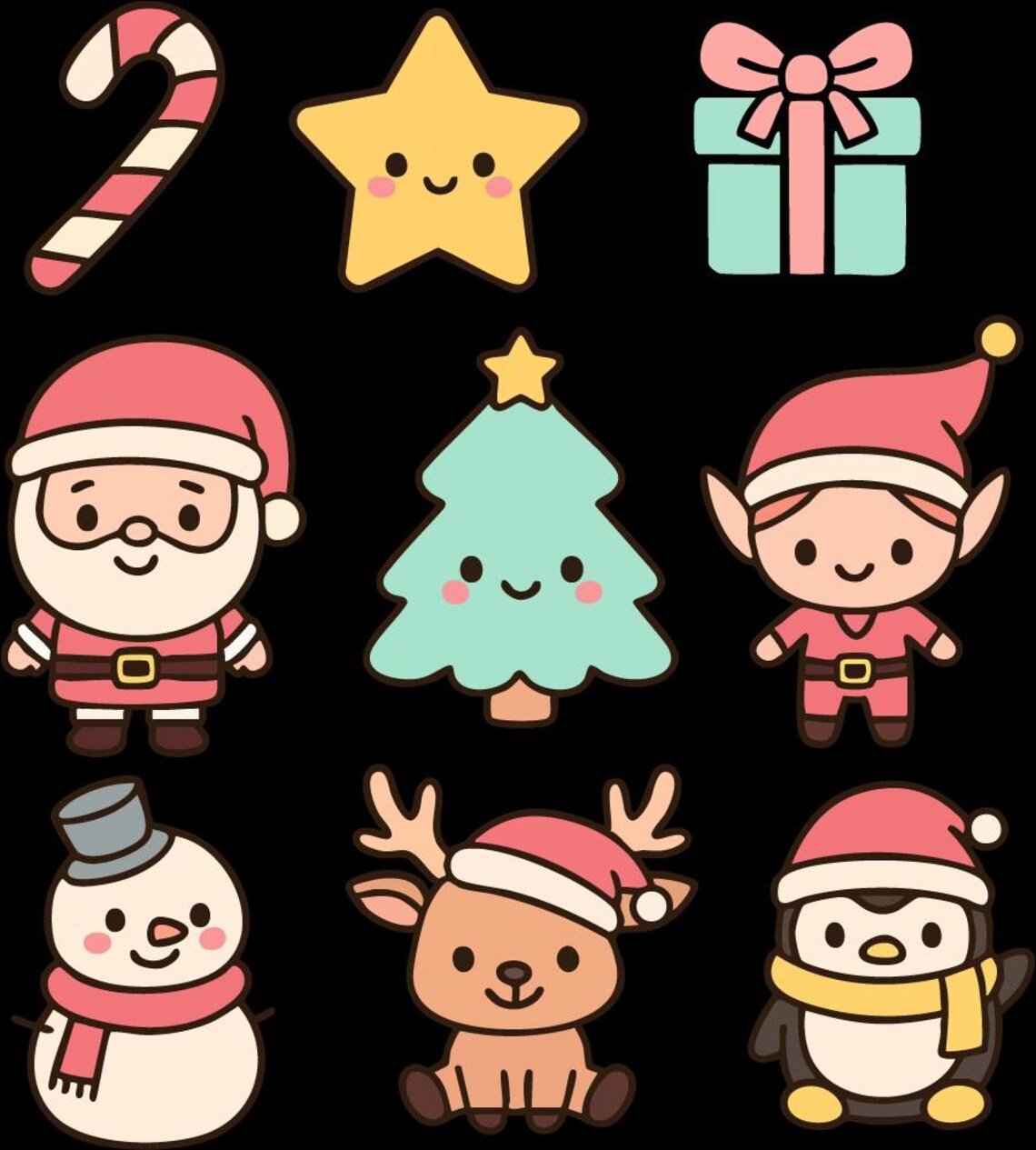 Kawaii Reindeer SVG Bundle Christmas Deer Clipart Black Outline Cut ...