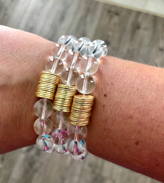 MADELINE Stack Clear Quartz and Gold Stretch Bracelet 10mm | Etsy
