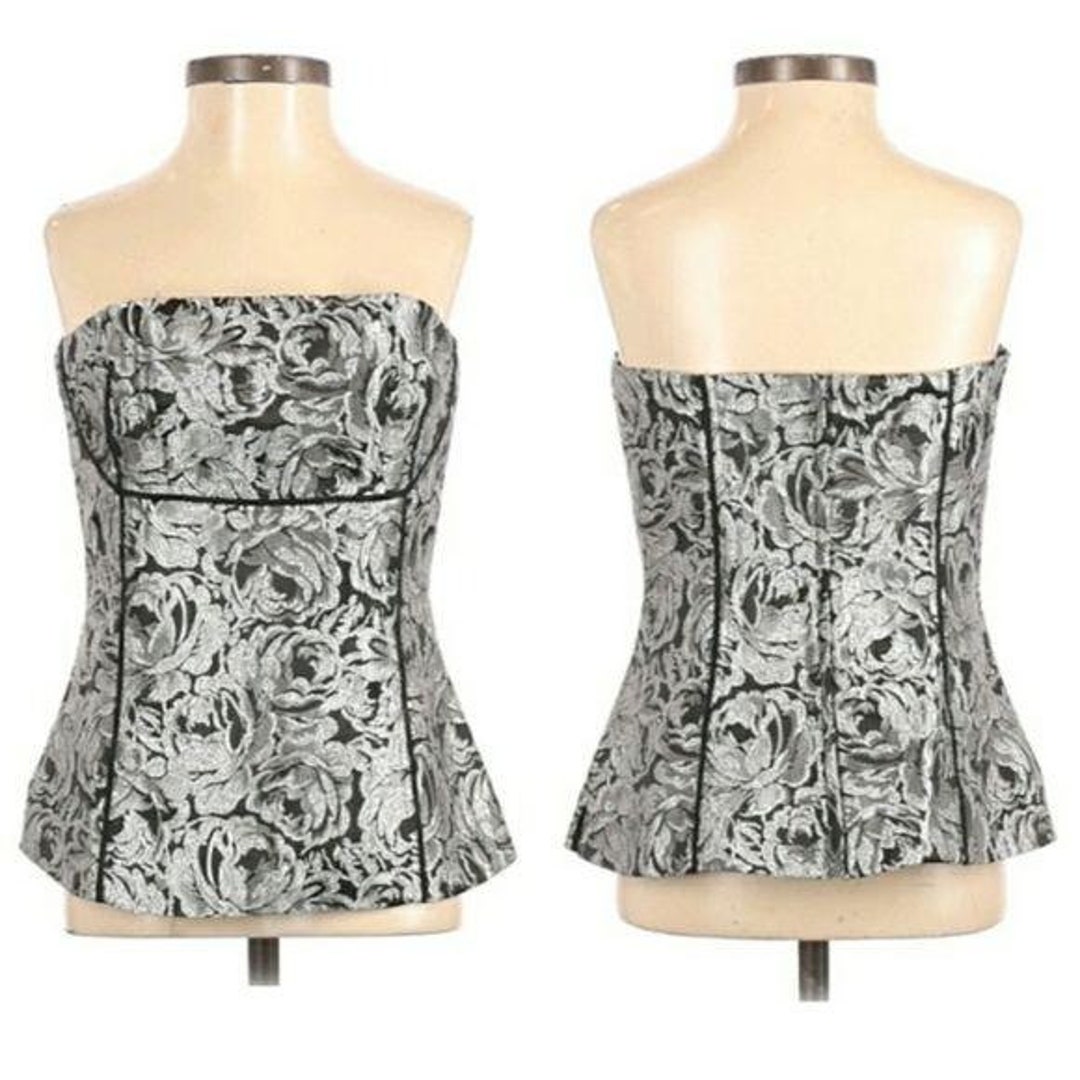Vintage 90's WHBM Bustier Brocade Jacquard Black Silver Metallic Floral ...