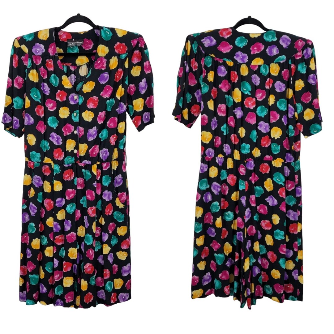 Vintage 80s Romper Modest Multicolor Button Front L Pockets Shoulder ...
