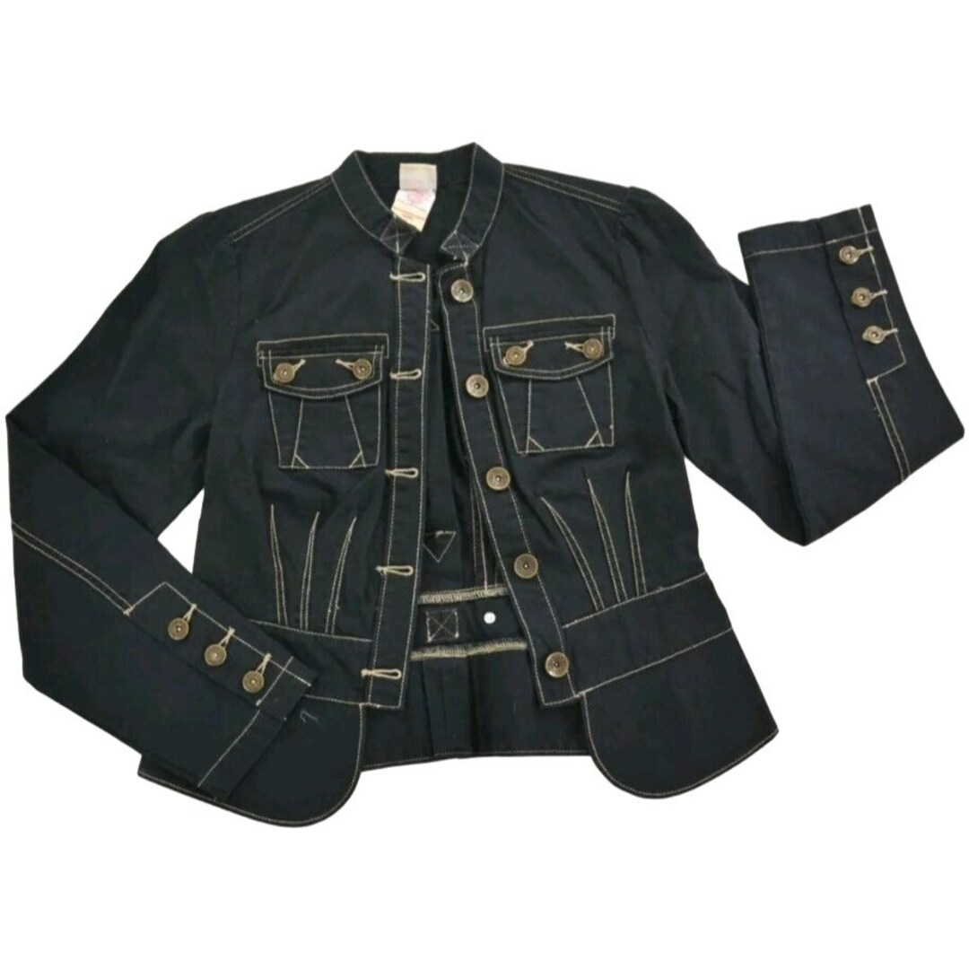 Vintage 80s Faded Glory Black Denim Band Jacket M Contrast Stitching ...
