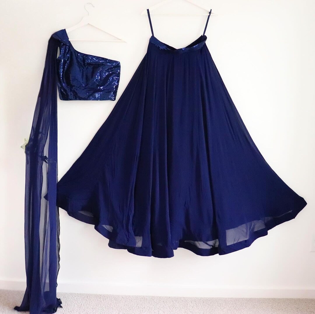 Midnight Blue Lehenga One Shoulder Blouse With Sequence Work Attached ...