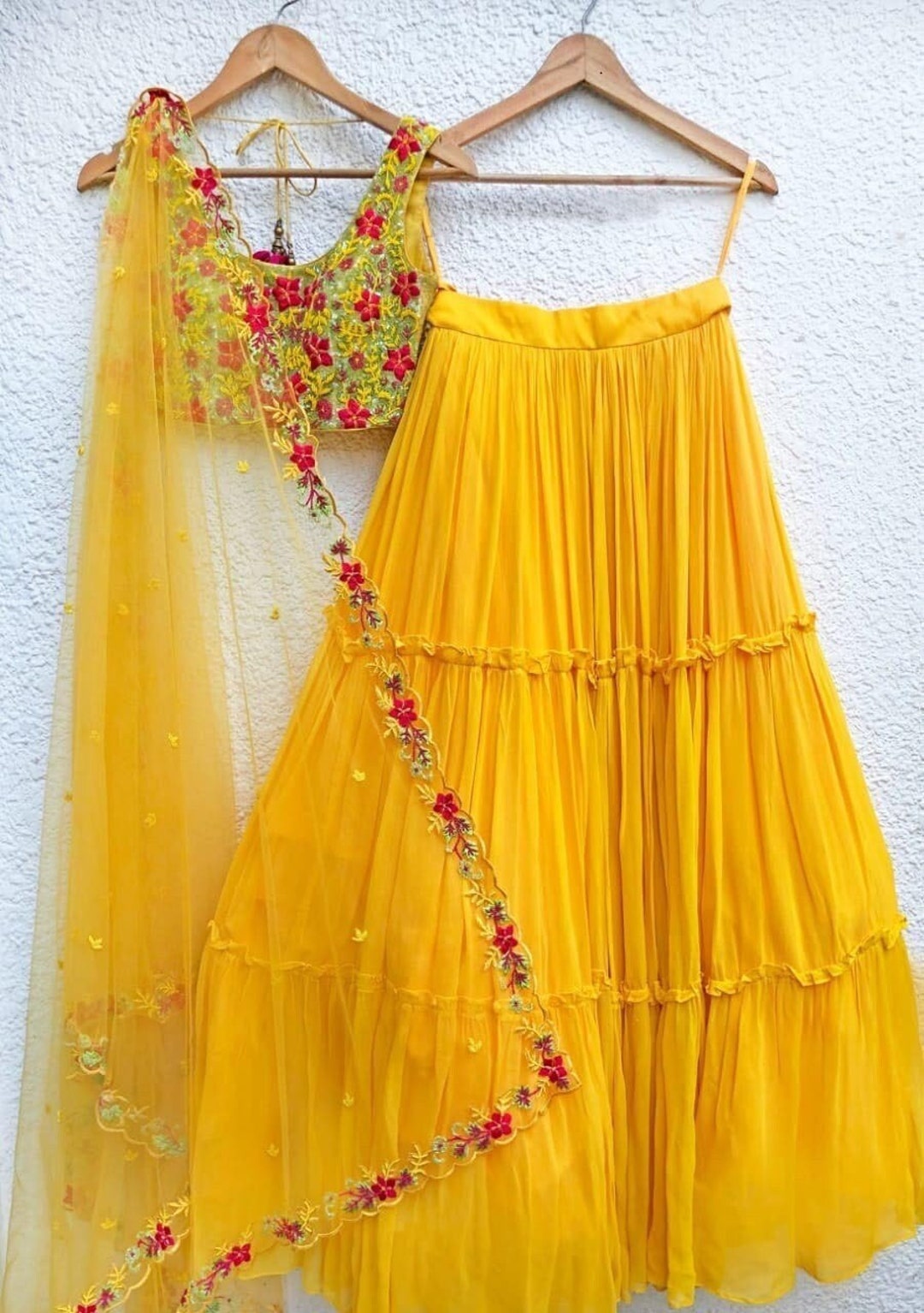 Yellow Floral Embroidered Lehenga Set, Haldi Wear Sleeveless ...
