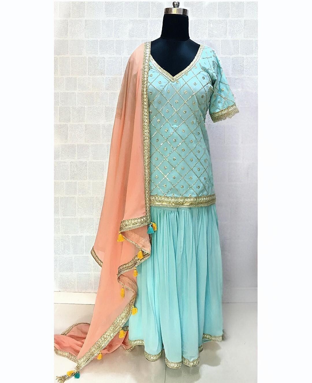 Pastel Blue Embroidered Sharara Suit With Dupatta, Indian Pakistani ...