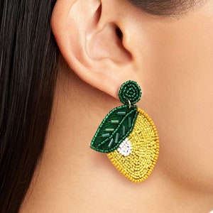 Lemon Citron Beaded Drop Earrings, Limón Fruit Citron Statement Cute ...