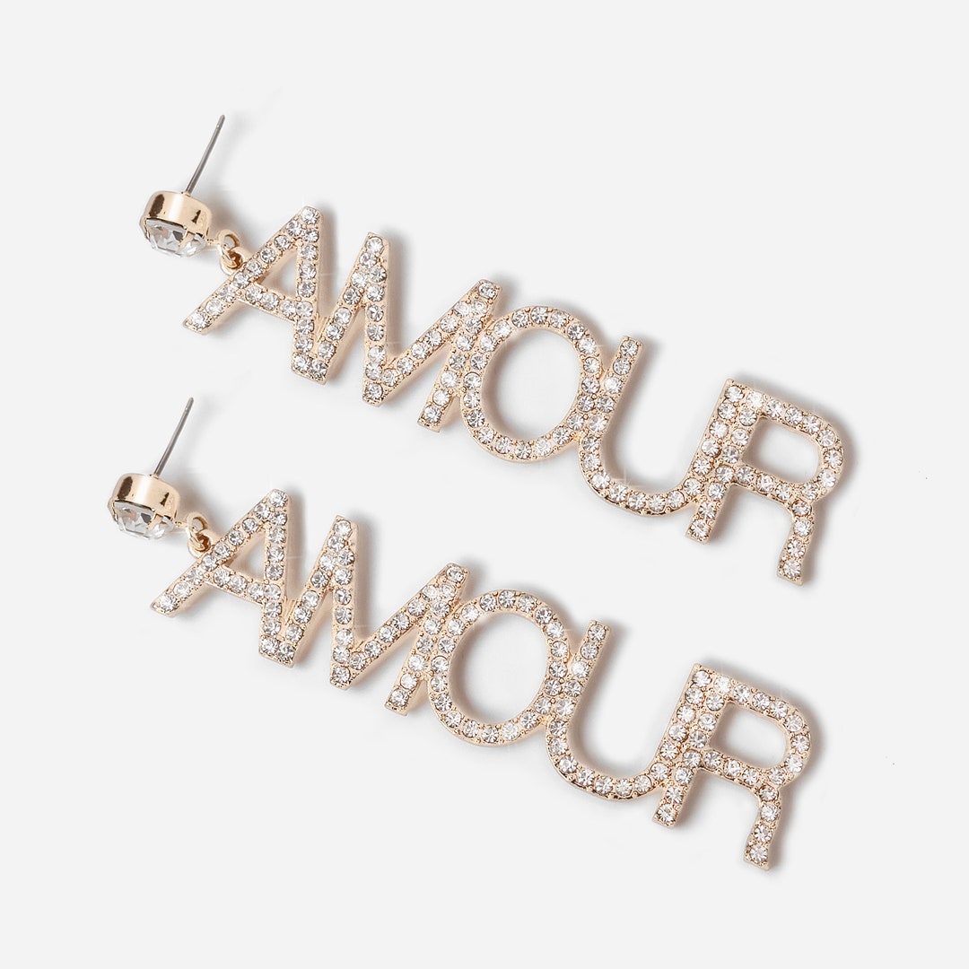 AMOUR Letter Drop Rhinestone Cubic Zirconia Earrings, Unique Women ...