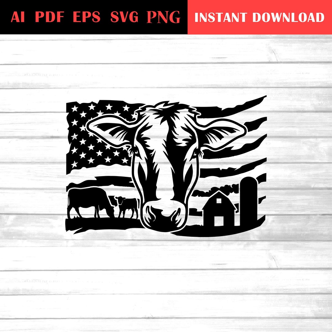 USA Cow Farm Svg / Cattle Farm Png Clip Art / American Flag Distressed ...