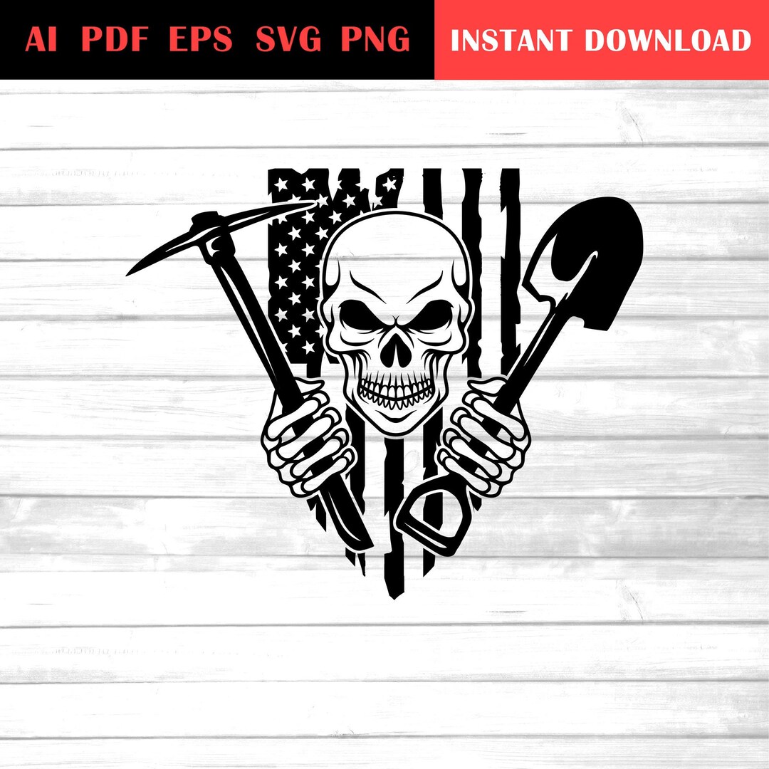 US Miner Skull Svg / Skeleton Miner Shovel & Pick Mattock Clip Art ...