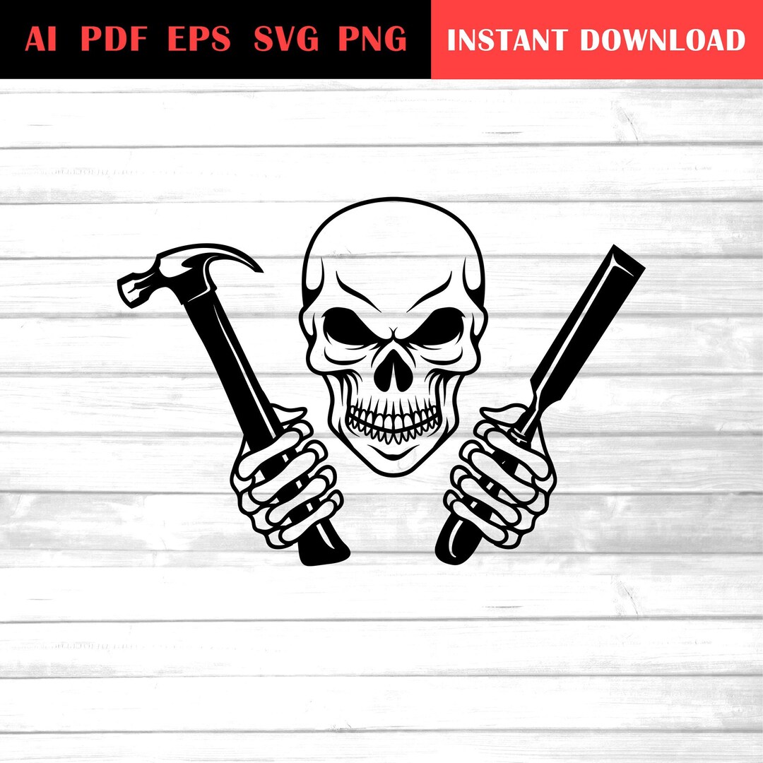 Skull Carpenter Svg / Skeleton Holding Hammer and Chisel Clip Art ...