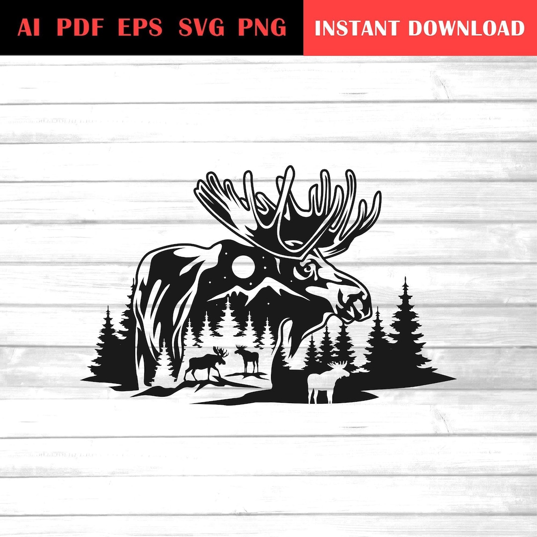 Moose Nature Svg / Mountains and Pine Trees Clip Art / Moon and Stars ...