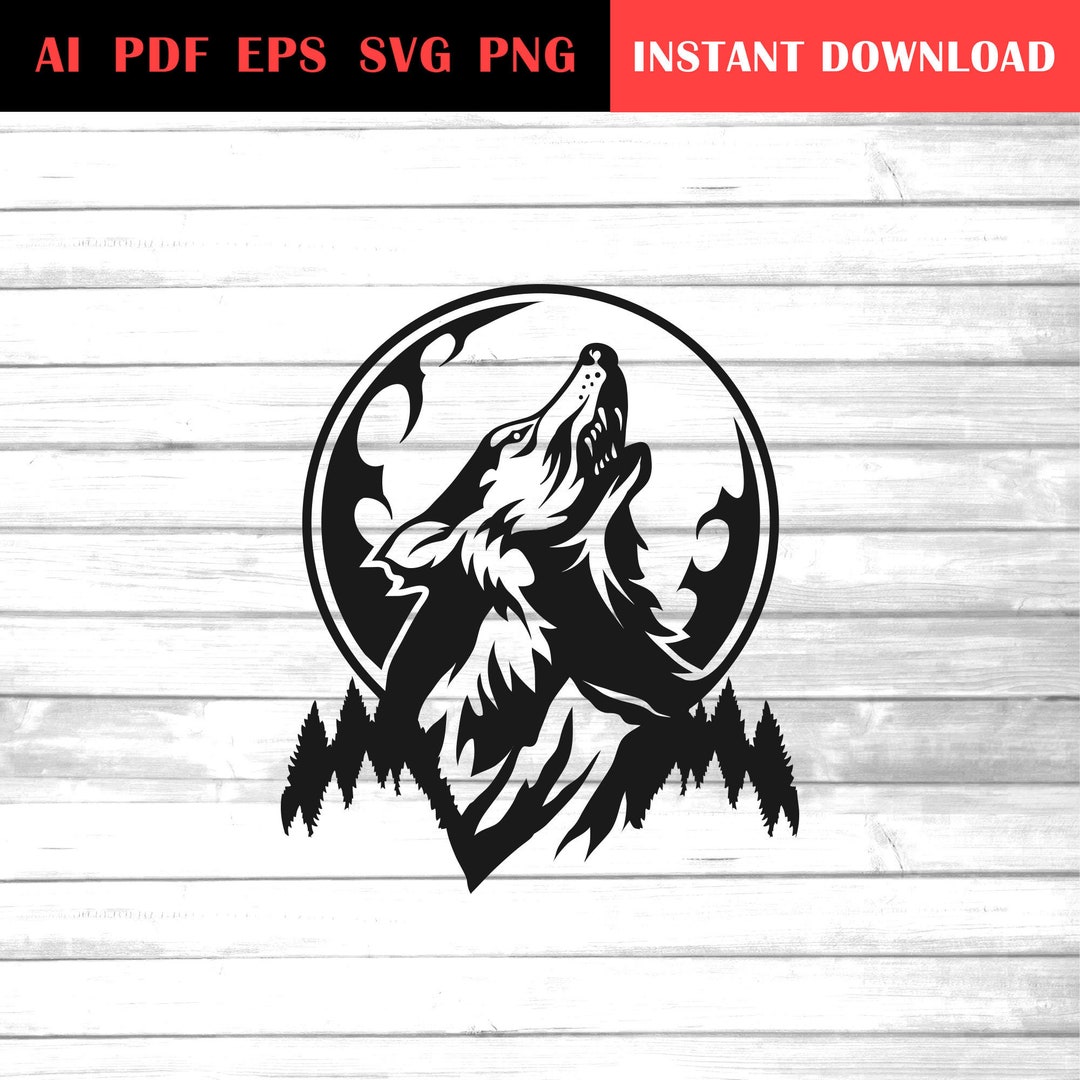 Wolf Howling to Full Moon Nature Svg / Wolf Nature Clip Art / Mountains ...