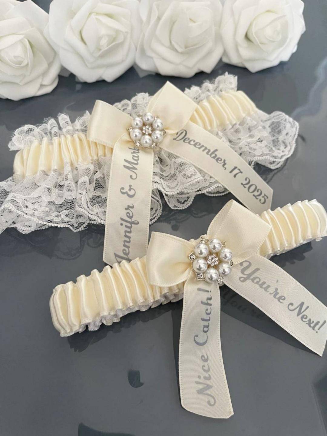 Personalized Wedding Garters for Brides, Ivory Bridal Garter Set ...