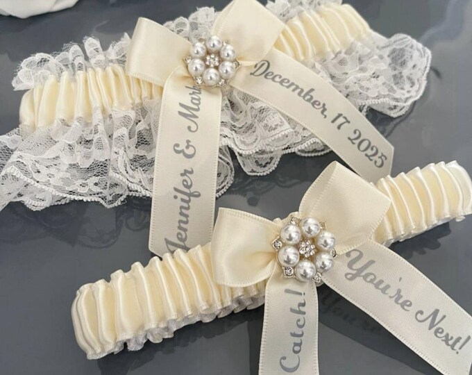 Personalized Wedding Garters for Brides, Ivory Bridal Garter Set ...