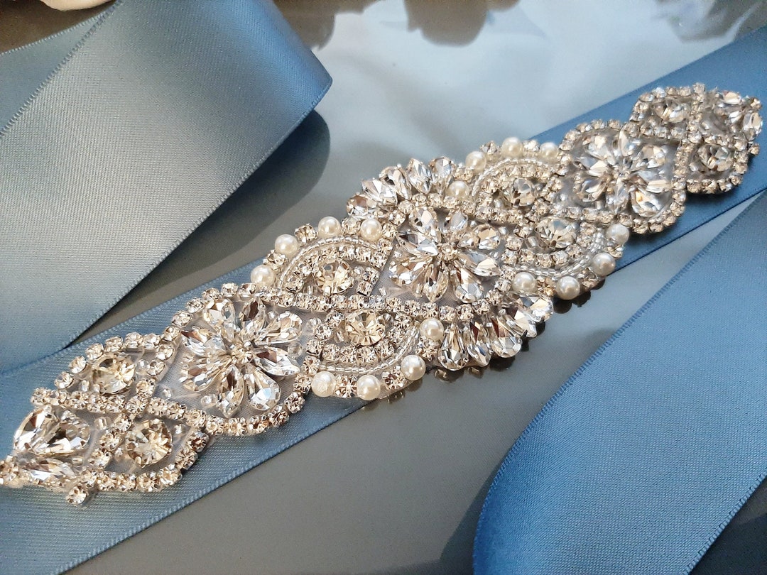 Dusty Blue Bridal Belt With Rhinestones and Pearls Double Faced Satin ...