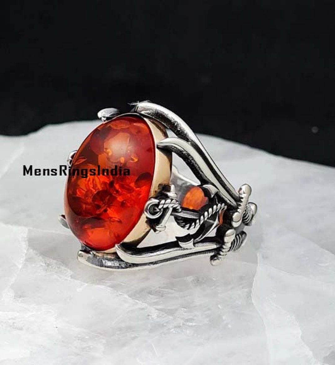 Amber Men Ring Amber Ring Anchor Ring Turkish Ring 925 Sterling Silver Ring Handmade Jewellery ...