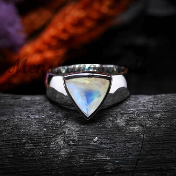 Rainbow Moonstone Ring Mens Ring Triangle Shape Ring Solid | Etsy