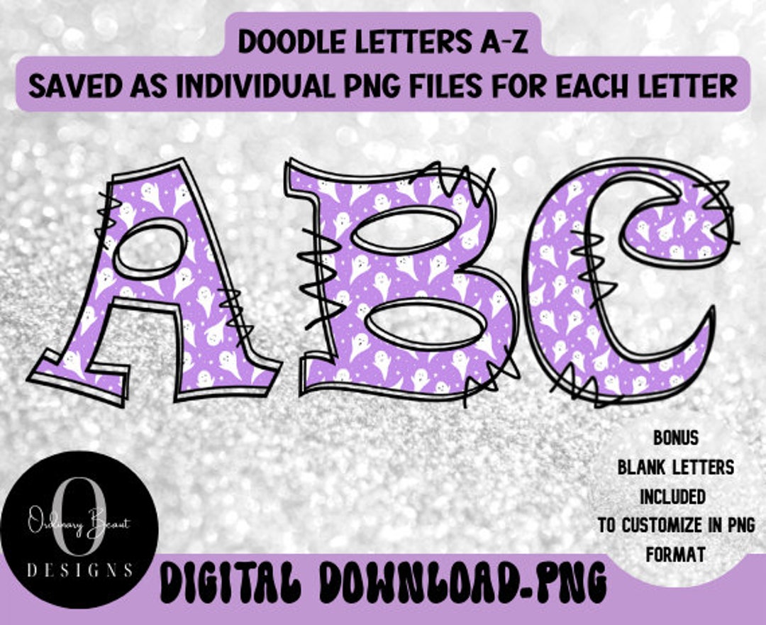 Purple Doodle Letters, Alphabet Bundle PNG, Alpha Pack Digital Download ...