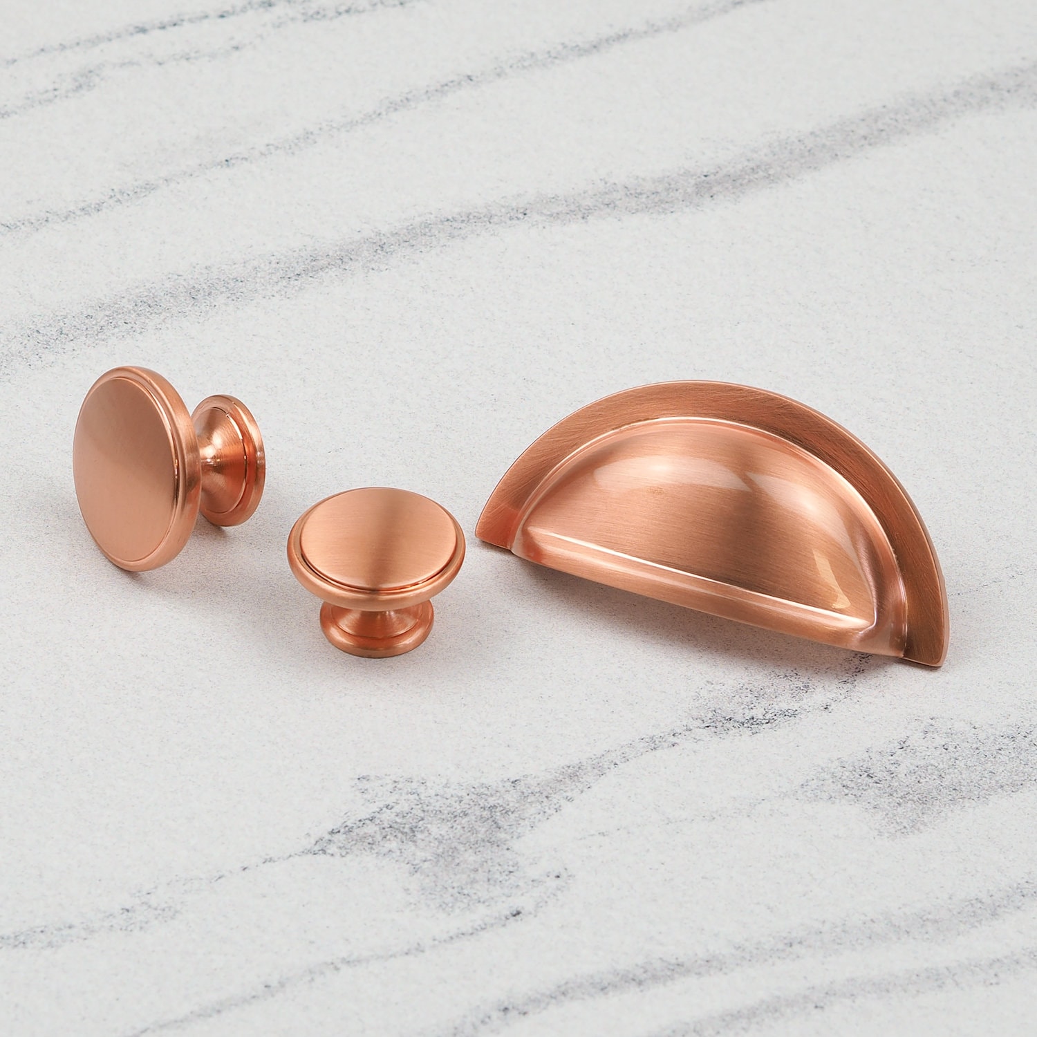 Satin Copper Kitchen Handles Rose Gold Half Moon Cup Matching Round ...