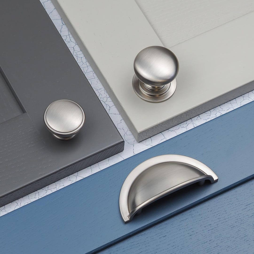 Nickel Kitchen Cabinet Cup Handle & Matching Round Knob Shaker Half ...