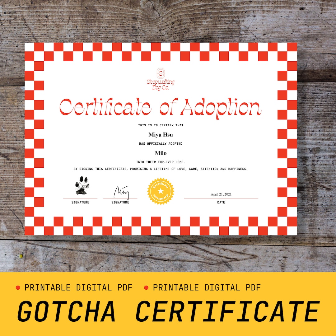 Gotcha Certificate | Digital Download PDF | Printable | Pet Adoption ...