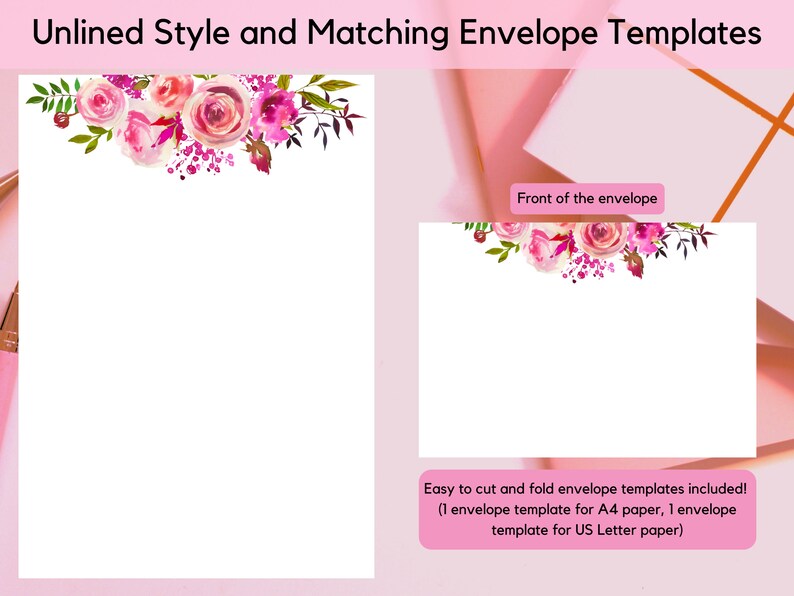 Pink Floral Love Printable Note Paper Stationery With Envelope, A4, US ...