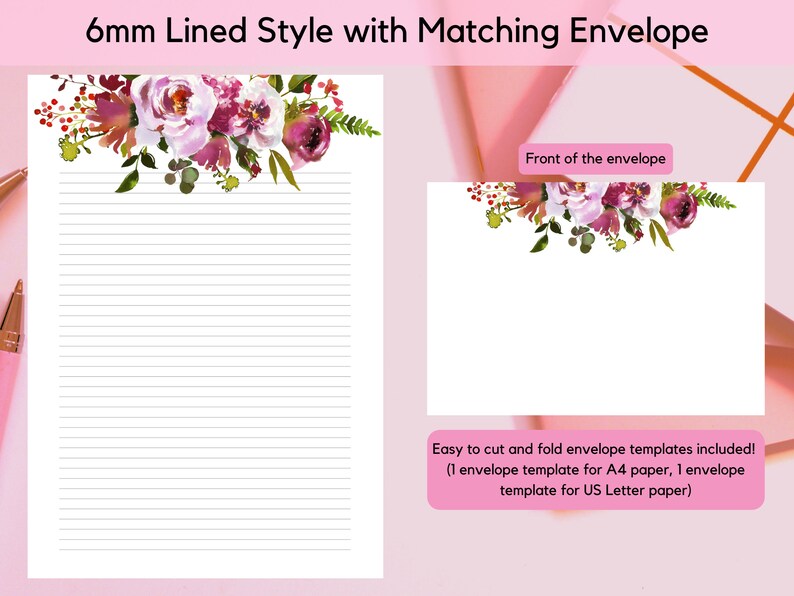 Pink Flower Power Printable Letter and Envelope Set, 6mm Line, US ...