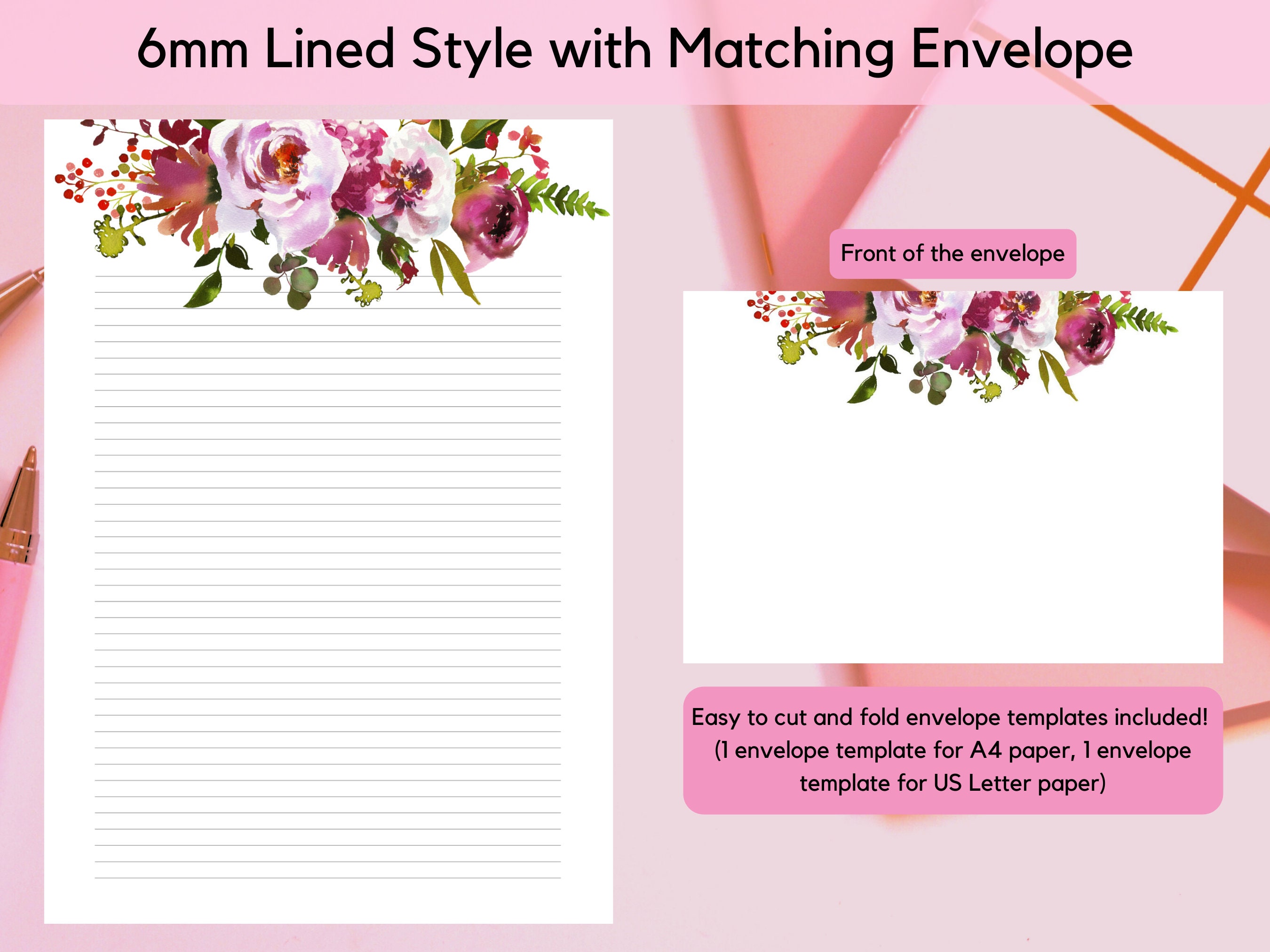 Pink Flower Power Printable Letter and Envelope Set, 6mm Line, US ...
