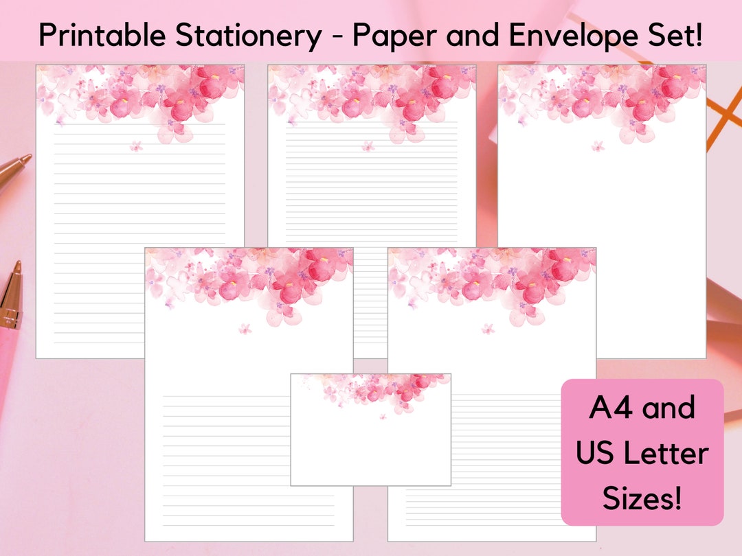 Cherry Blossom Printable Note Paper Stationery With Envelope, A4, US ...