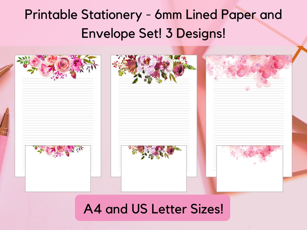 Pink Flower Power Printable Letter and Envelope Set, 6mm Line, US ...