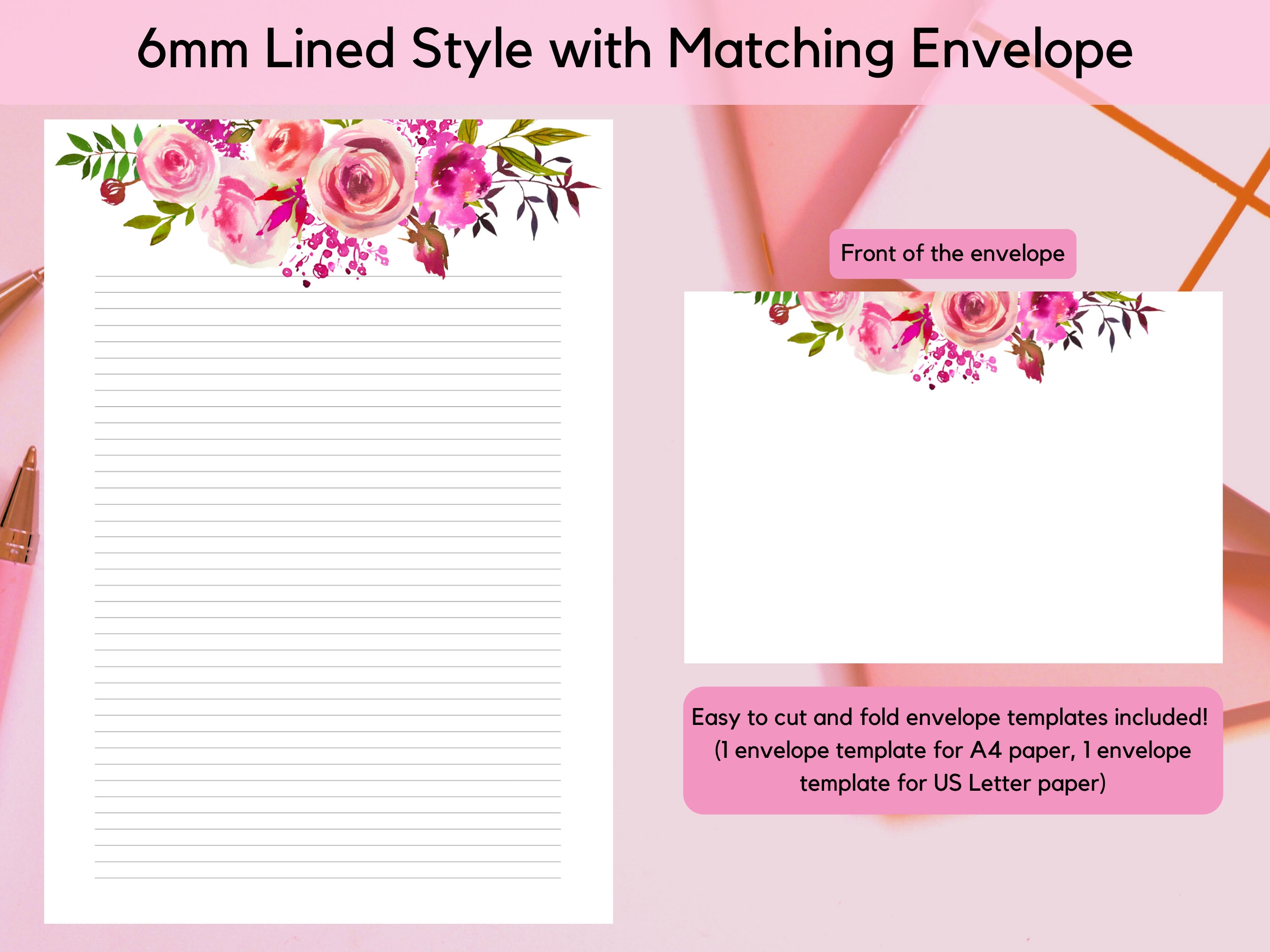 Pink Flower Power Printable Letter and Envelope Set, 6mm Line, US ...