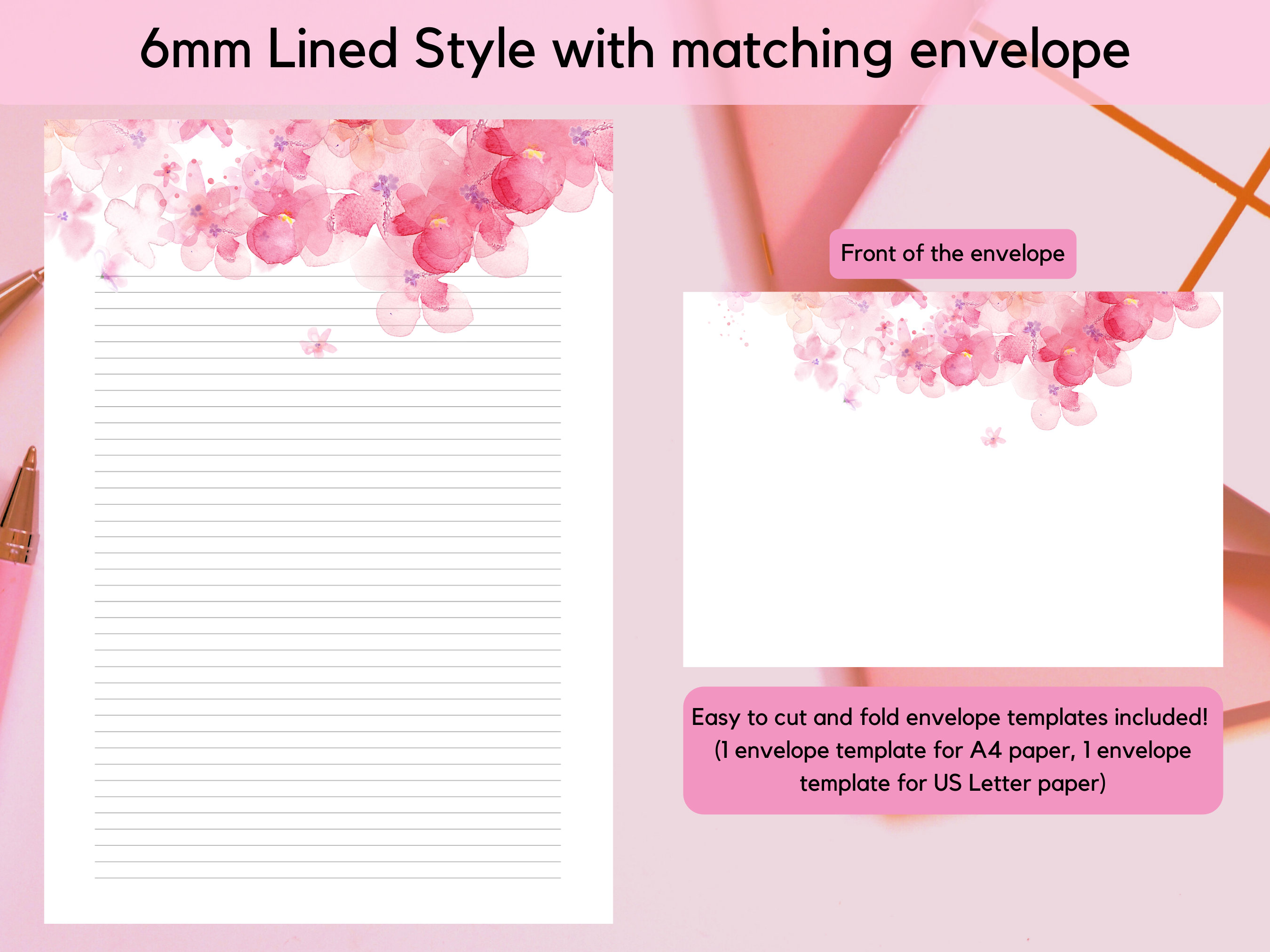 Pink Flower Power Printable Letter and Envelope Set, 6mm Line, US ...