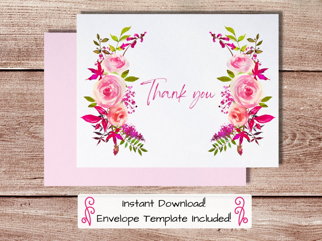 Pink Floral Thank You Card, Printable Card, 7x5, Instant Download ...