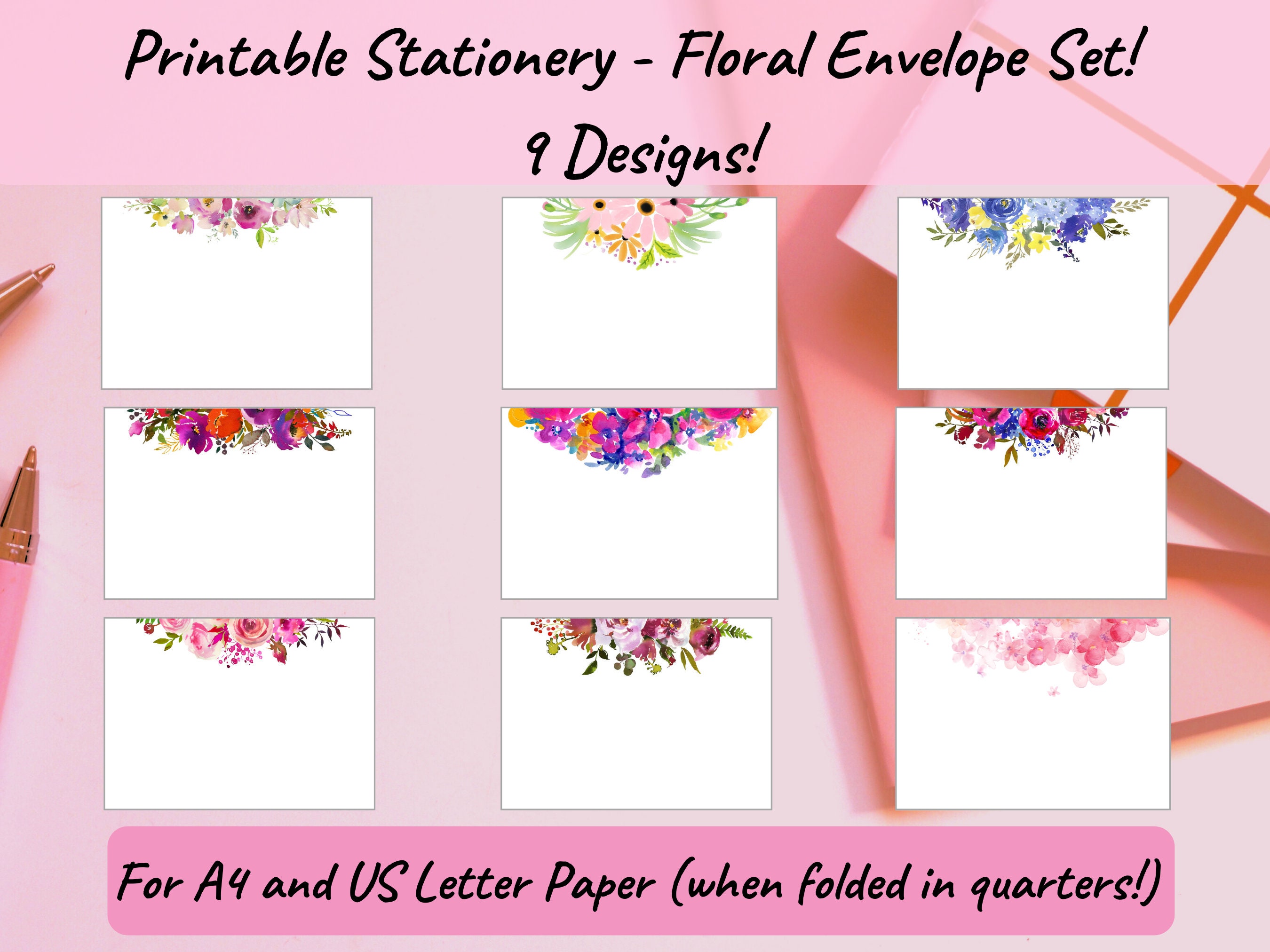 Printable Envelope Templates, 9 Flower Designs, A4 and US Letter Sizes ...