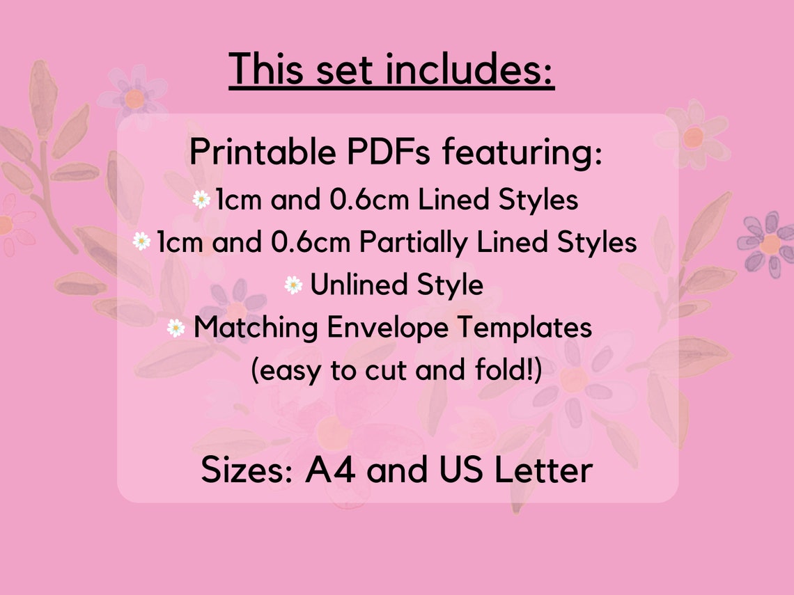 Pink Floral Love Printable Note Paper Stationery With Envelope, A4, US ...