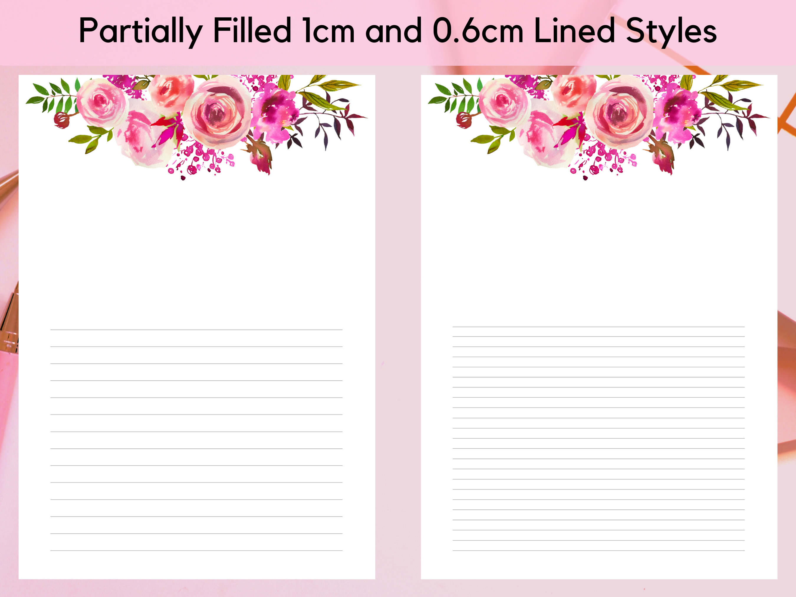 Pink Floral Love Printable Note Paper Stationery With Envelope, A4, US ...