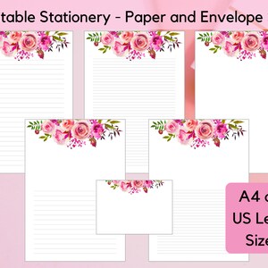 Pink Floral Love Printable Note Paper Stationery With Envelope, A4, US ...