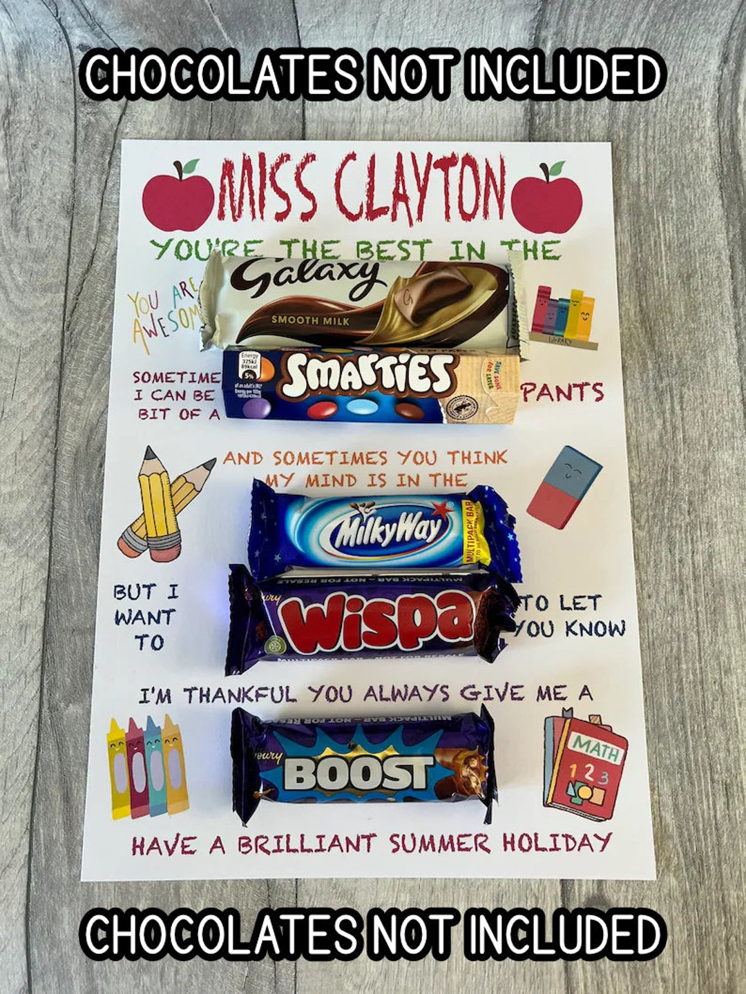 Teacher Chocolate Card, Message Card, Teacher Gift, Add Your Own ...