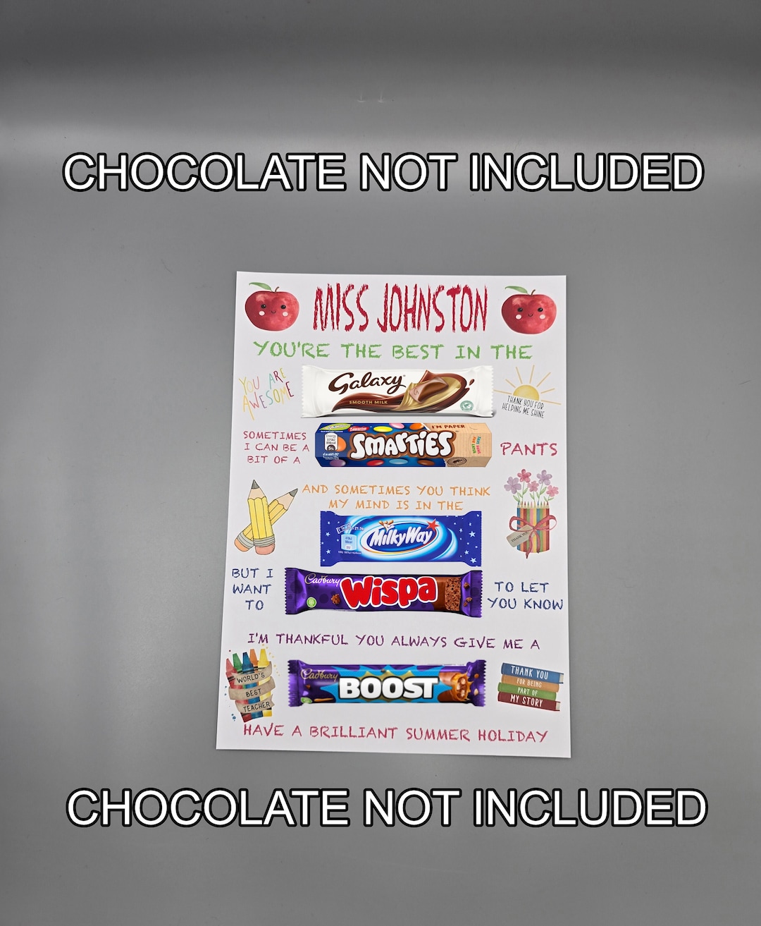 Teacher Chocolate Card, Teacher Gift, Add Your Own Chocolate, End of ...