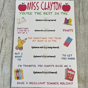 Teacher Chocolate Card, Message Card, Teacher Gift, Add Your Own ...