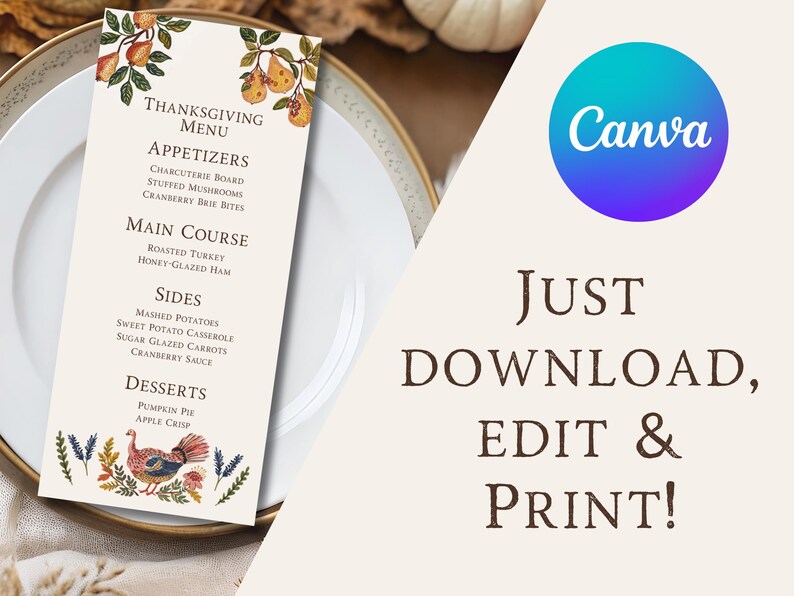 Editable Fall Thanksgiving Dinner Menu Template | Customizable Autumn ...