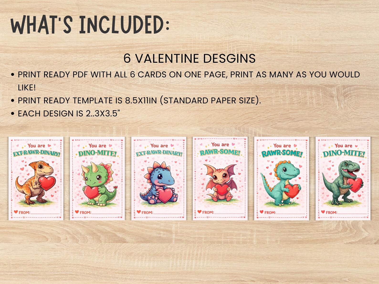 Kids Dinosaur Valentines Day Cards, Printable Valentines Day Tags, Kid ...