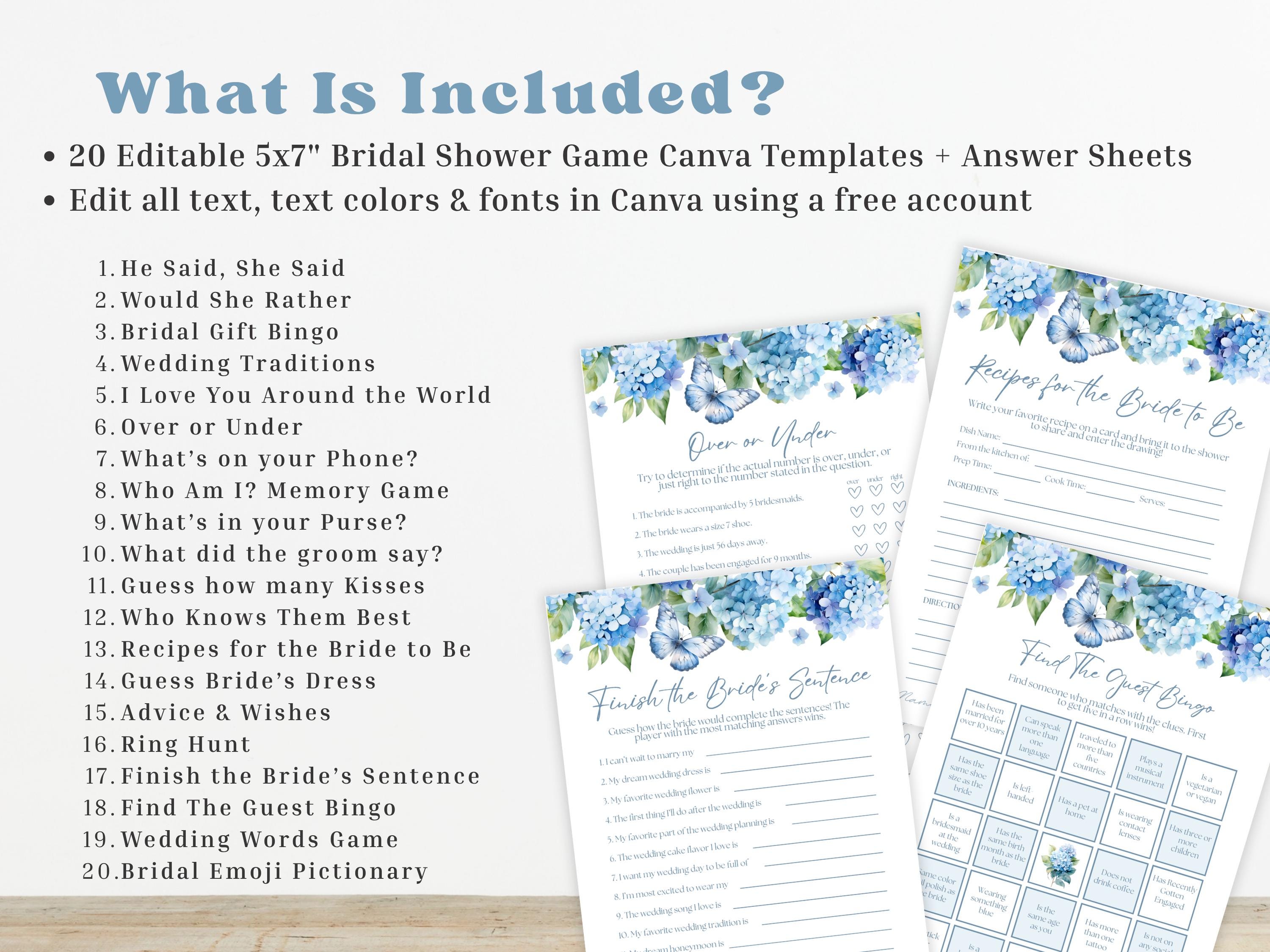 Hydrangea Bridal Shower Game Templates, Printable Editable Dusty Blue ...