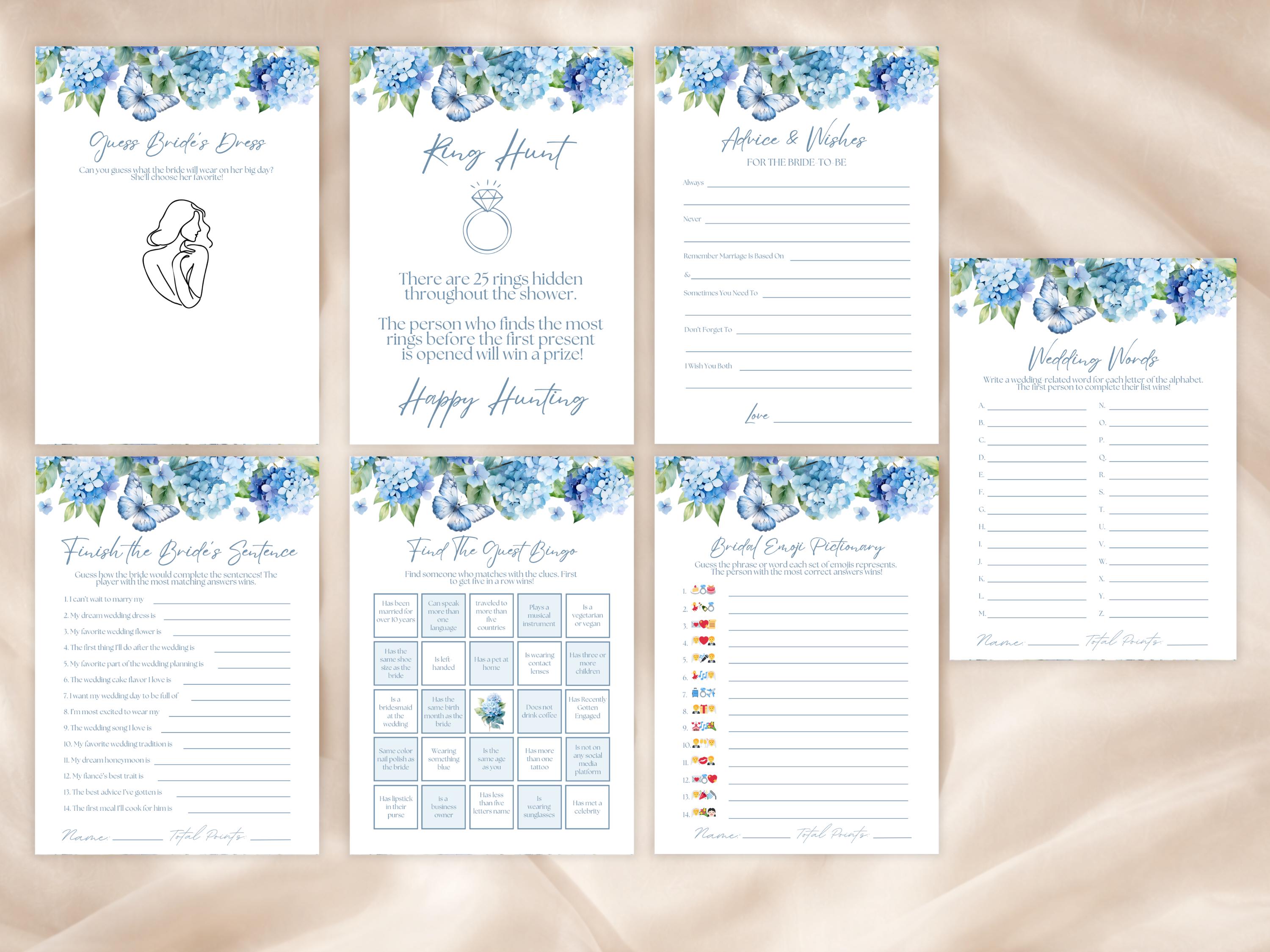 Hydrangea Bridal Shower Game Templates, Printable Editable Dusty Blue ...