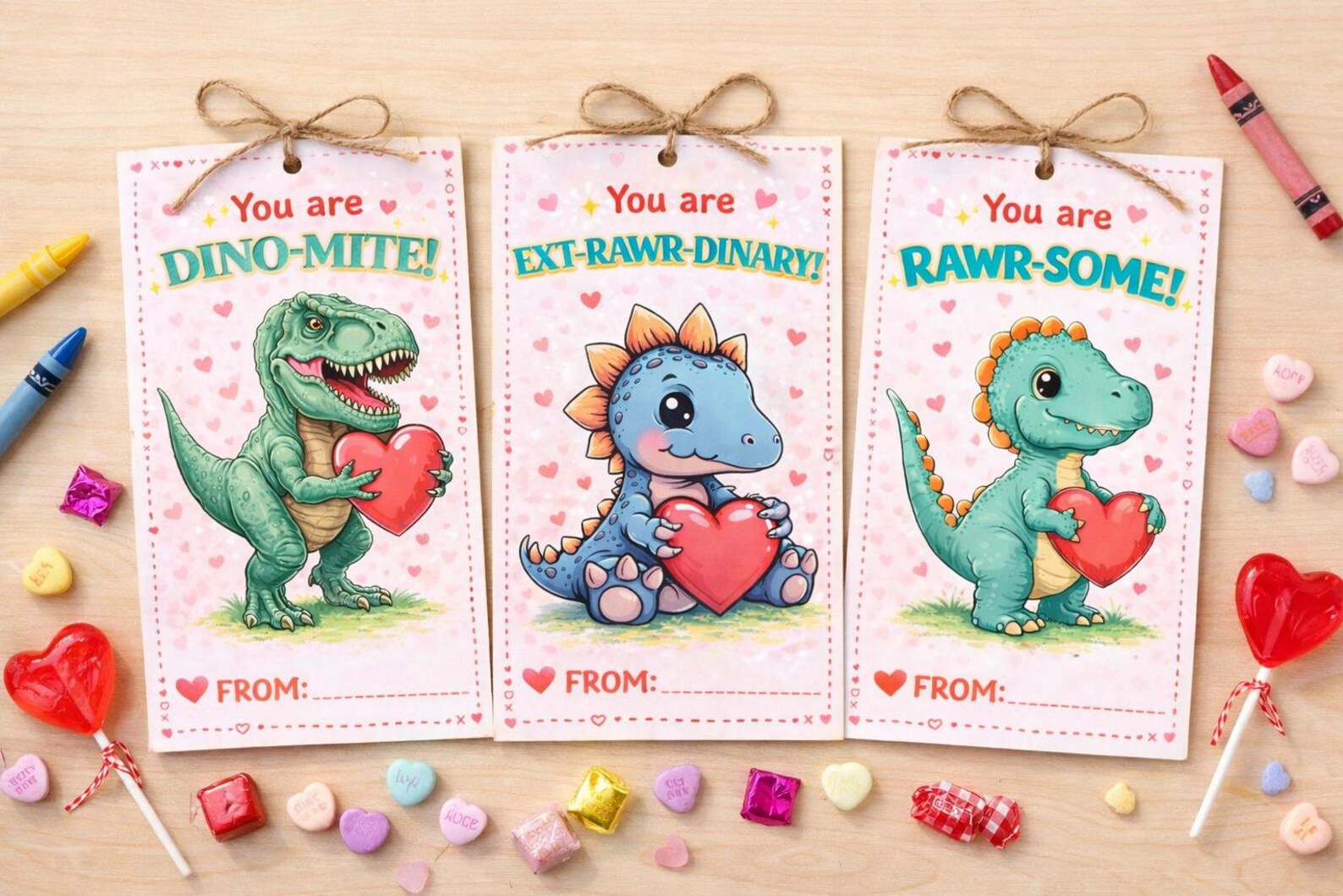 Kids Dinosaur Valentines Day Cards, Printable Valentines Day Tags, Kid ...