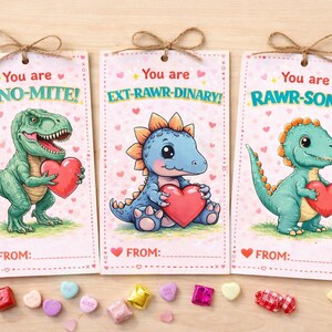 Kids Dinosaur Valentines Day Cards, Printable Valentines Day Tags, Kid ...