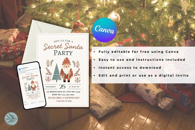 Secret Santa Christmas Party Invitation Template | Editable 5x7 Holiday ...